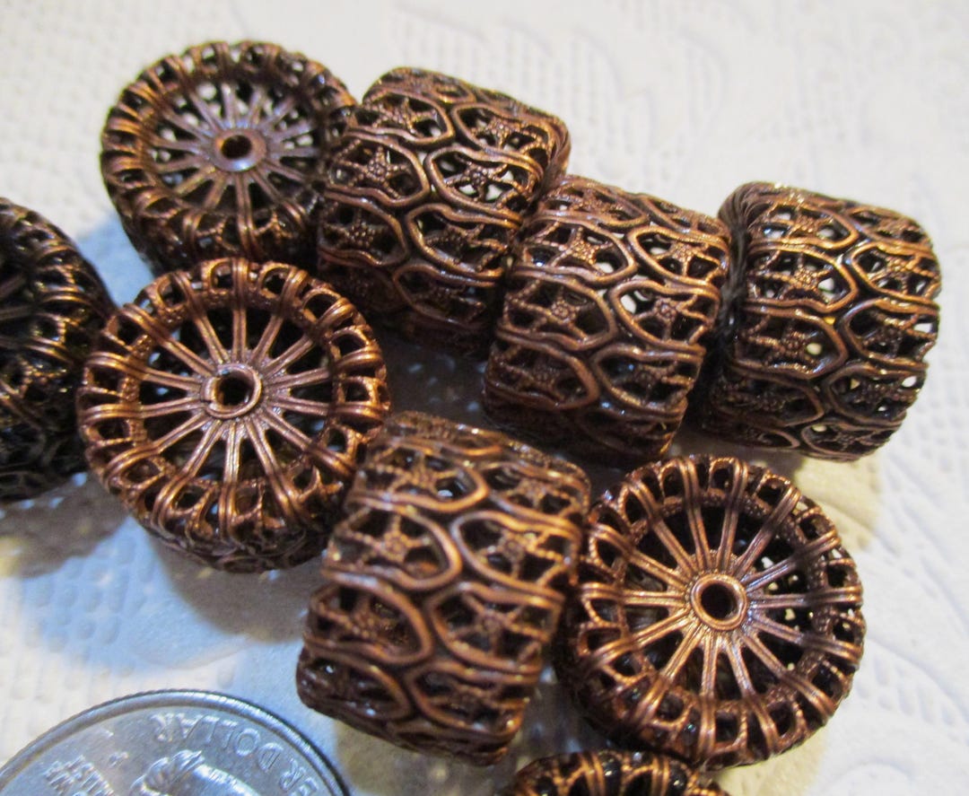 Vintage Antiqued Copper Filigree Beads: Hollow Filigree Barrel Shape ...