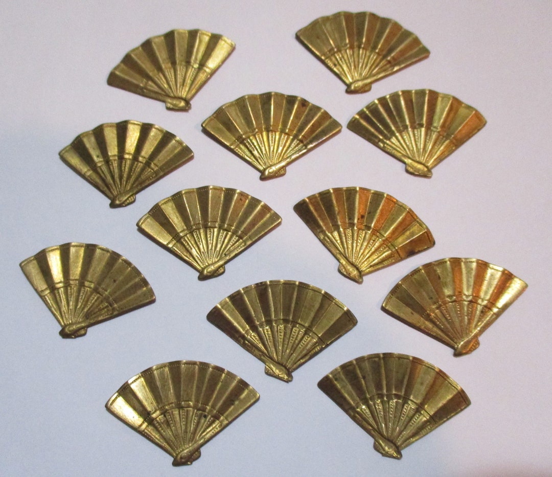 12 Vintage Hand Fans, 1970s Detailed Double Sided Unplated Raw Stamped ...