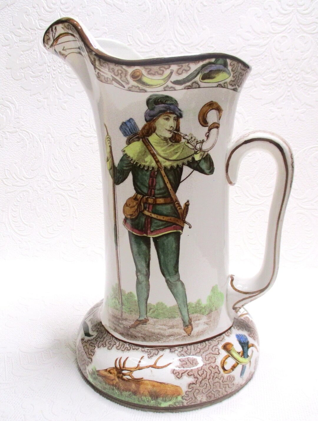 Antique 1907 Buffalo Pottery Robin Hood Hunt Pitcher, #1332-7, 8 Inch ...