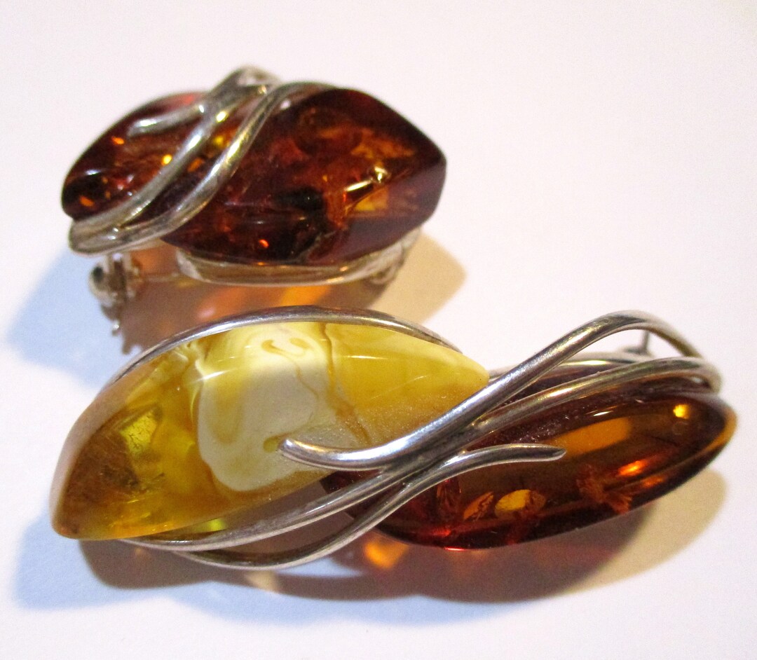 Vintage Modern Design Baltic Honey Amber and 925 Sterling Silver Brooch ...