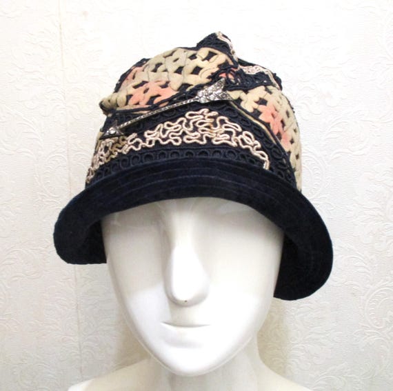 Antique/Vintage 1920's Flapper Cloche Hat, Navy Blue … - Gem