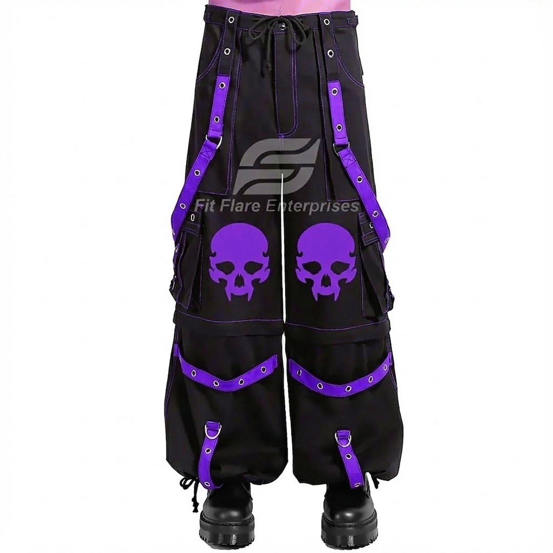 Men’s Gothic Detachable Techwear Cargo Pants With Purple Skull Print ...