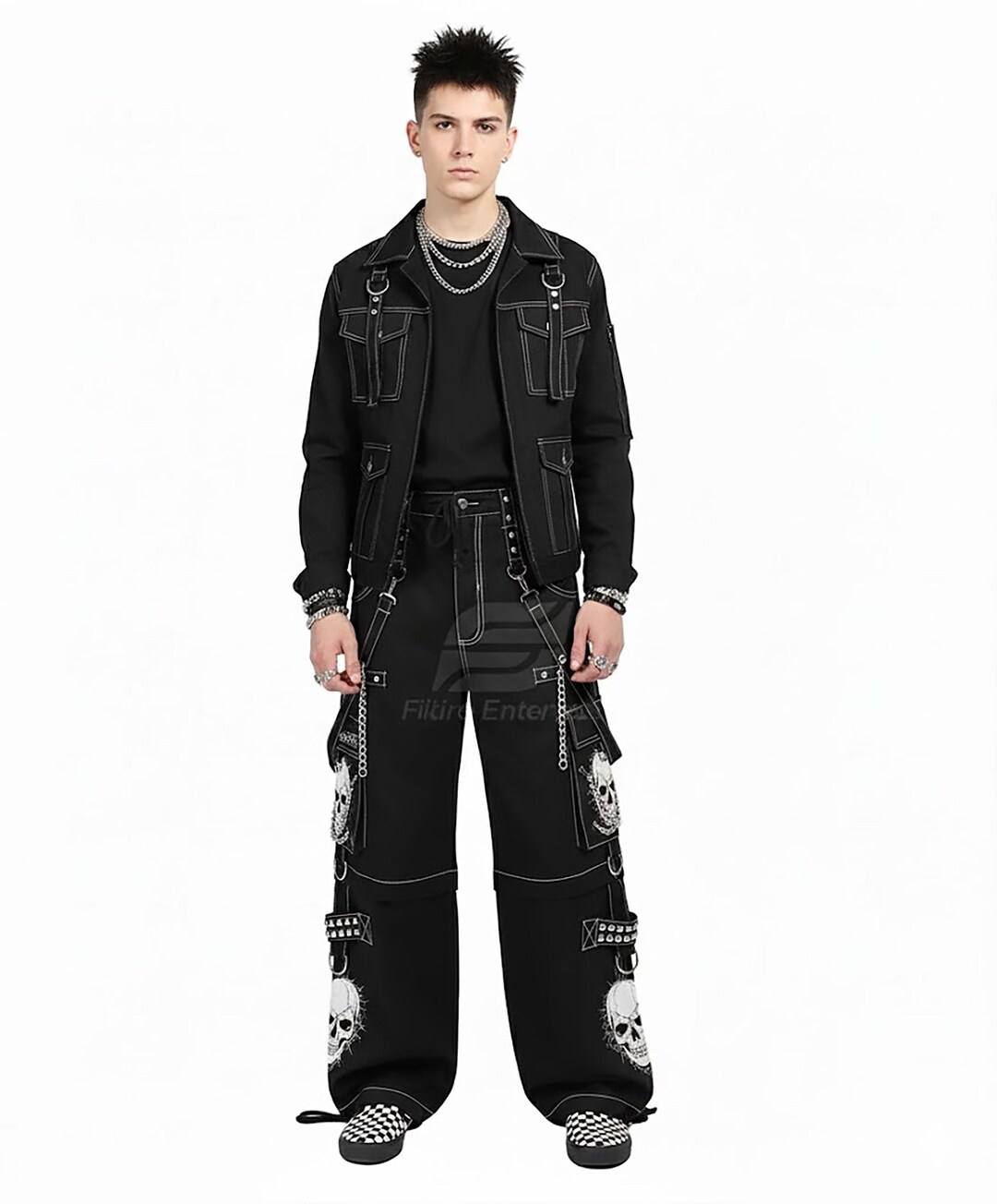 Goth Punk Baggy Pants White Skull Wide Leg Pants Chains Unisex Rave ...