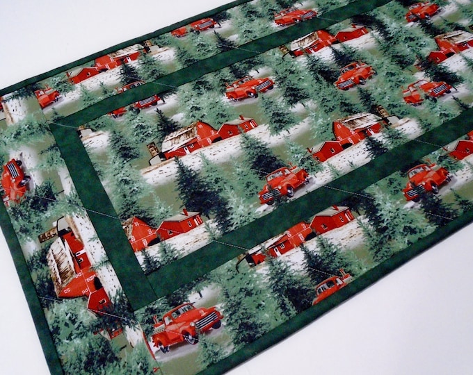 Red Truck Table Runner, Country Christmas Quilted Table Runner, Red ...