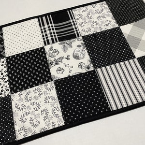 Contemporary Quilted Table Runner, Floral Quilted Table Runner, Black and White Quilt, Long ...