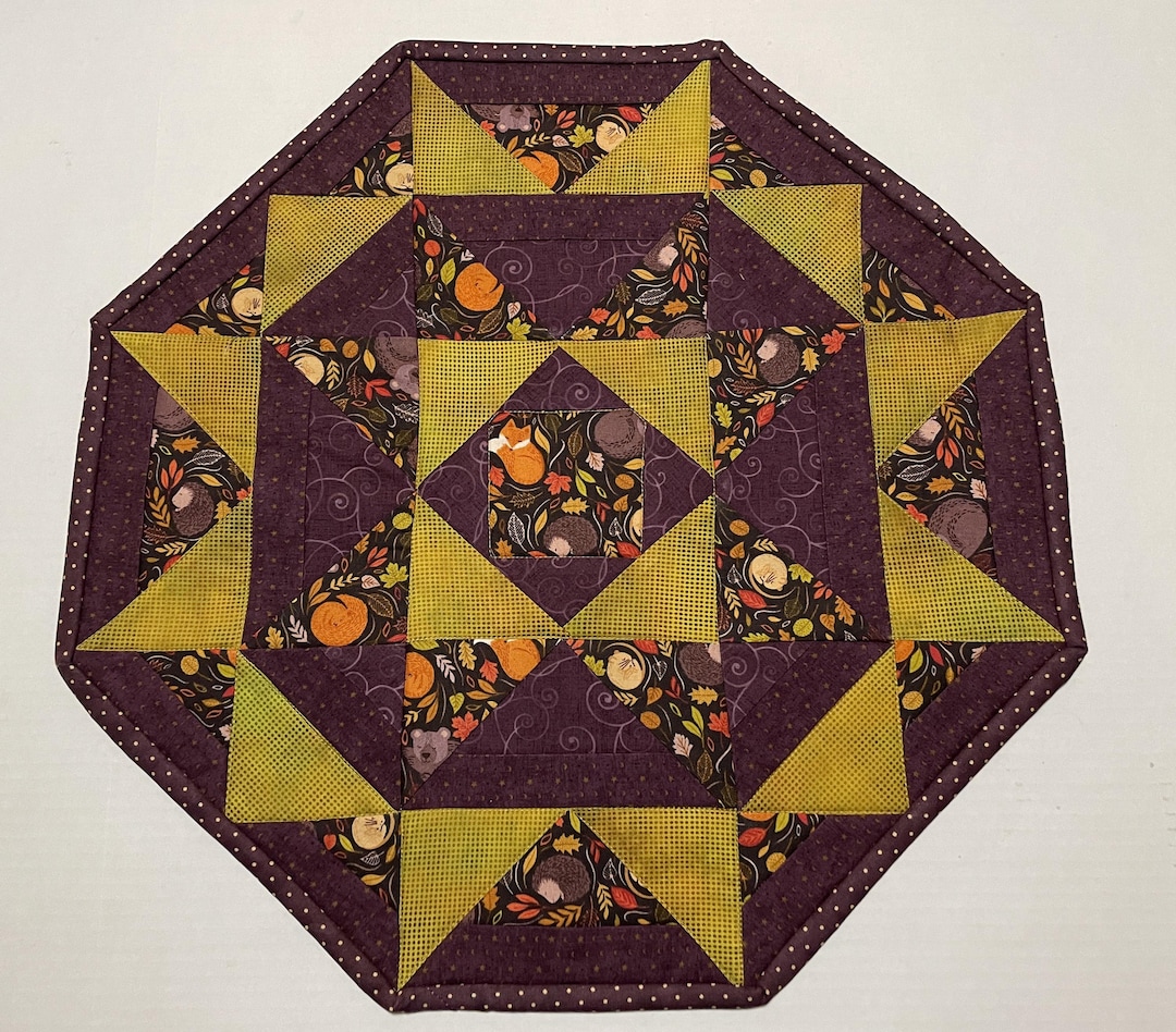 Quilted Fall Table Topper, Forest Animals Quilted Table Runner, Hexagon ...