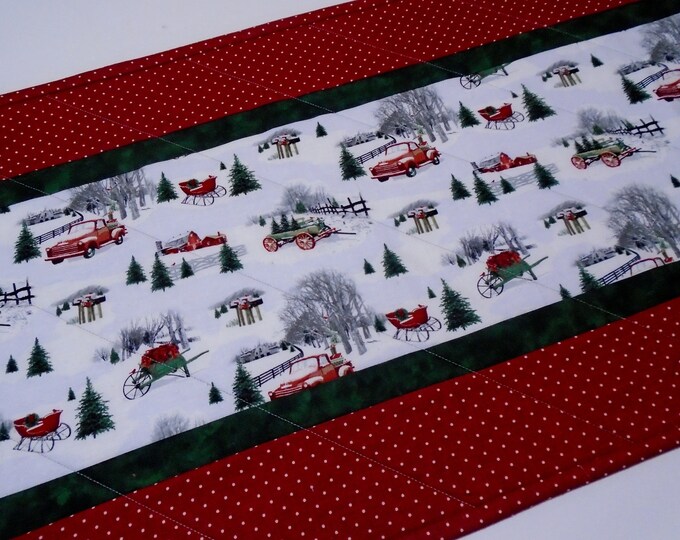 Red Truck Table Runner, Christmas Quilted Table Runner, Red Truck Decor ...