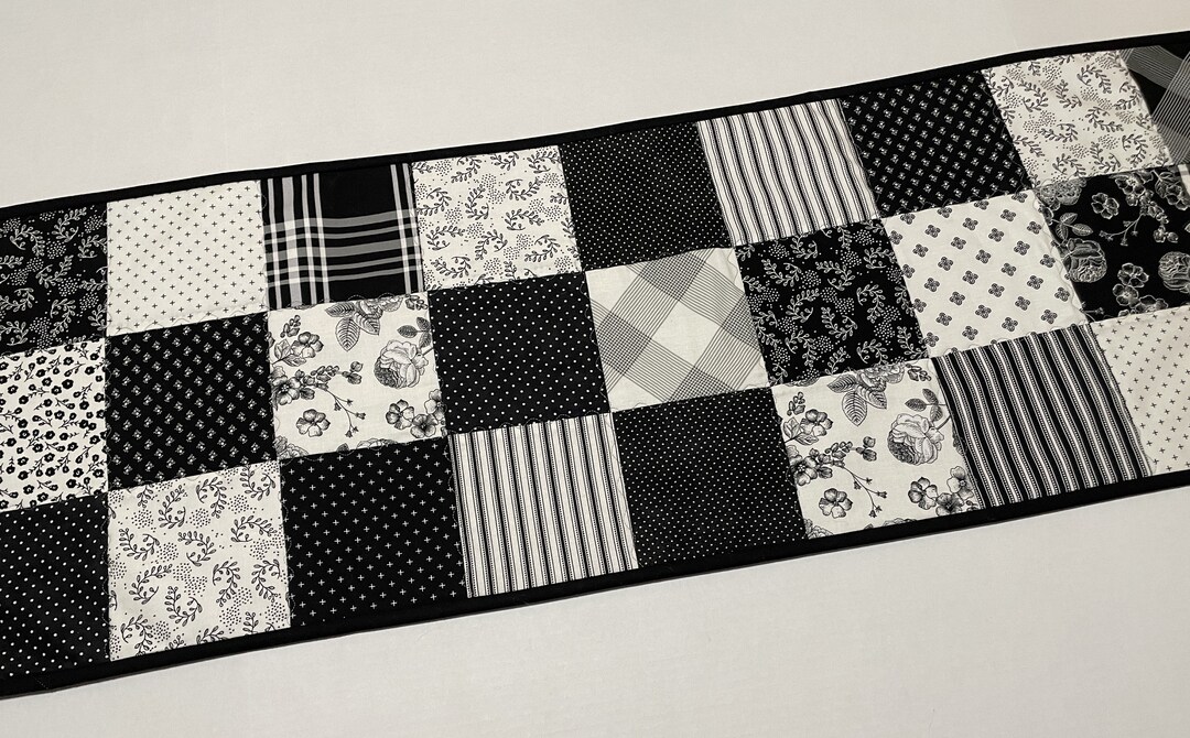 Contemporary Quilted Table Runner, Floral Quilted Table Runner, Black and White Quilt, Long ...