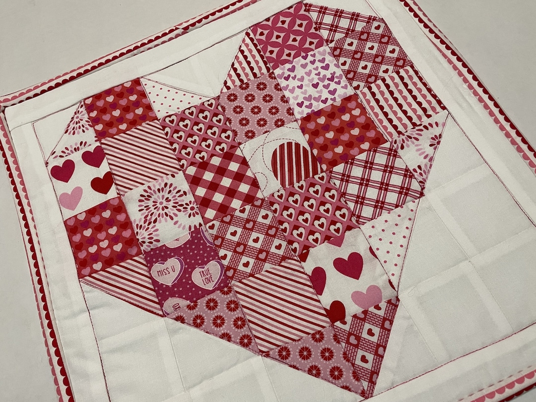 Valentine Quilted Table Topper, Heart Quilted Wall Hanging, Valentine ...