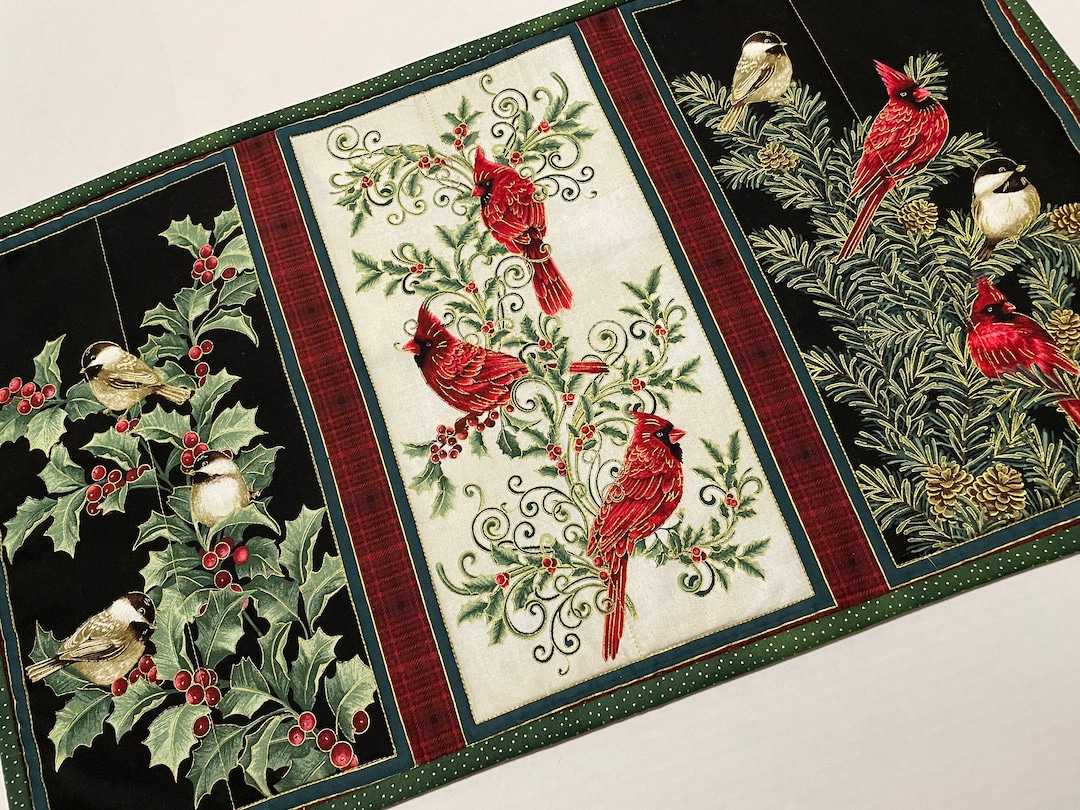 Elegant Chickadee Quilted Table Runner, Christmas Cardinals Table ...