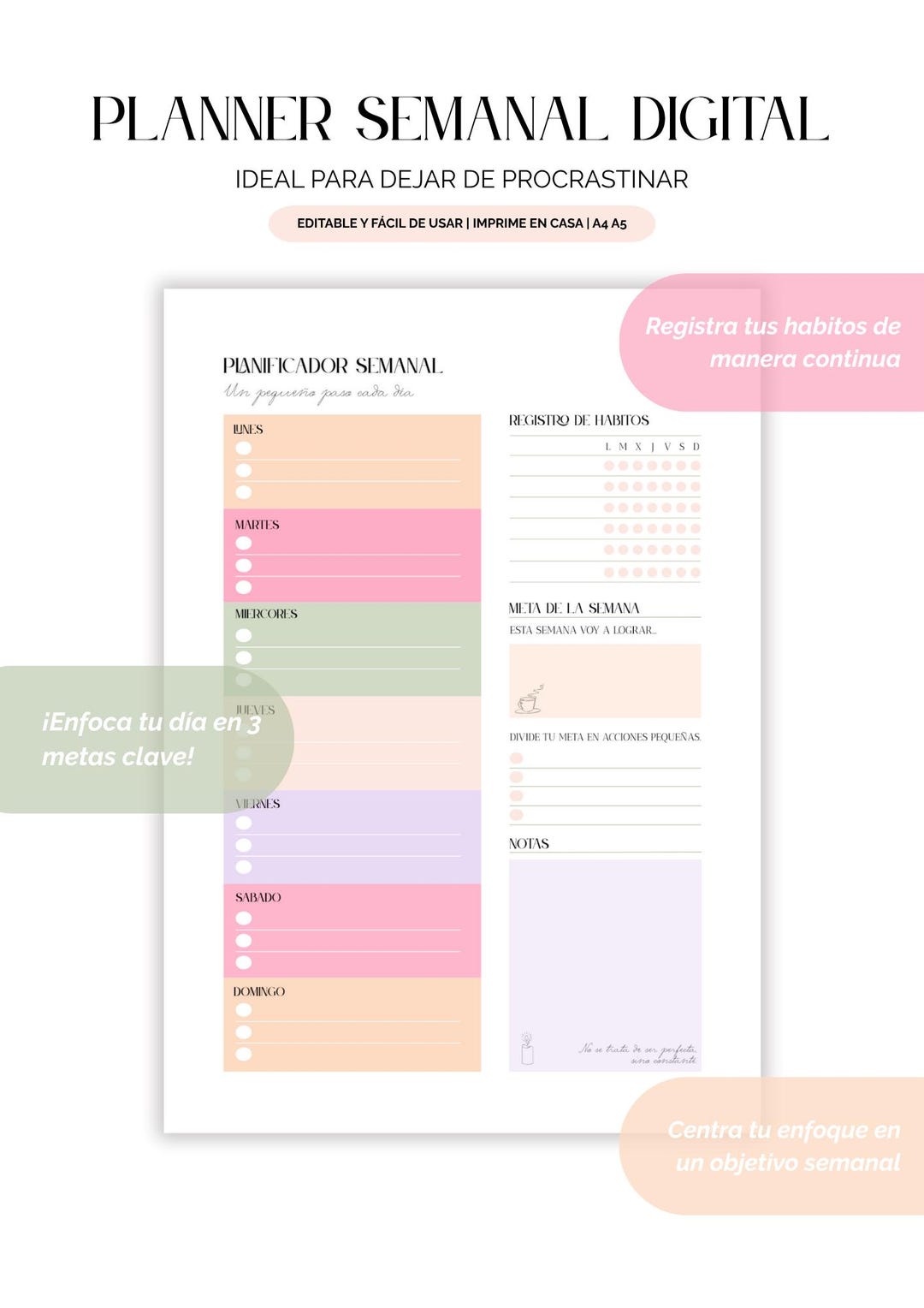 Digital Weekly Planner Template - Organizer for Procrastinators - Etsy
