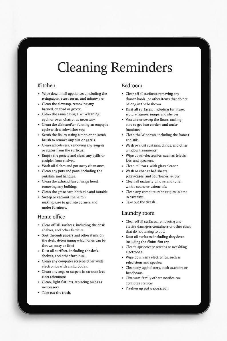 Cleaning Reminders List and Checklist, Comprehensive List of Items to ...