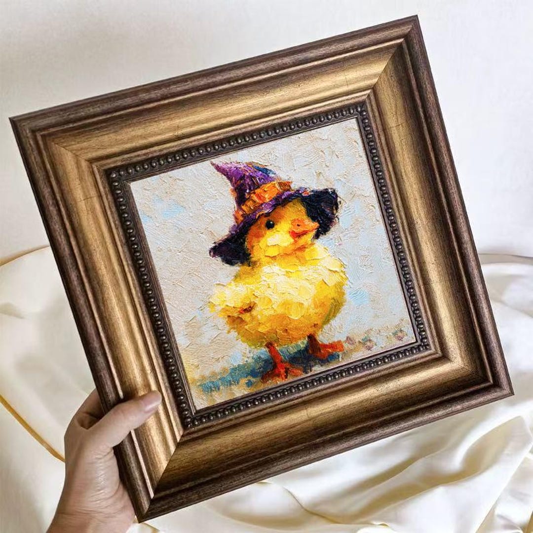 8'' With Frame Cute Duck Wearing Witch Hat Oil Painting Art Animal ...