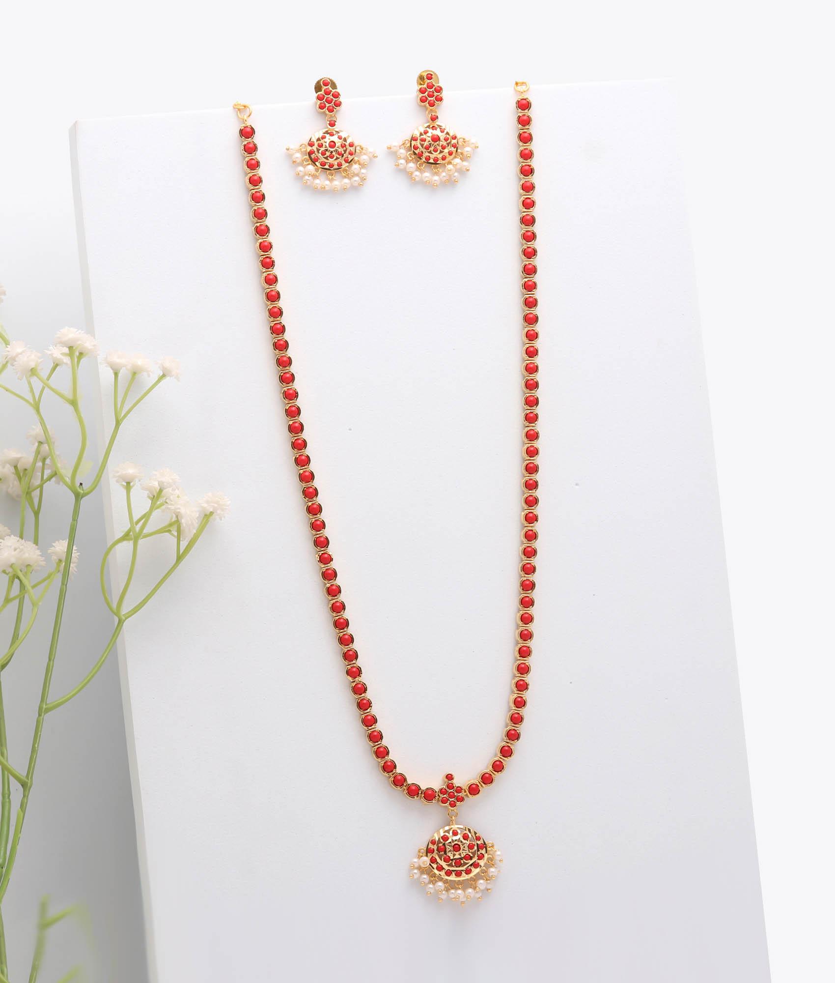 Coral Long Addigai Necklace Set: 22K Gold Plated Adjustable Statement ...