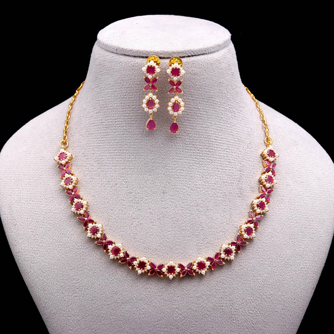 22K Gold Plated Pearl and Ruby Necklace | Elegant Two-tone Gemstone ...