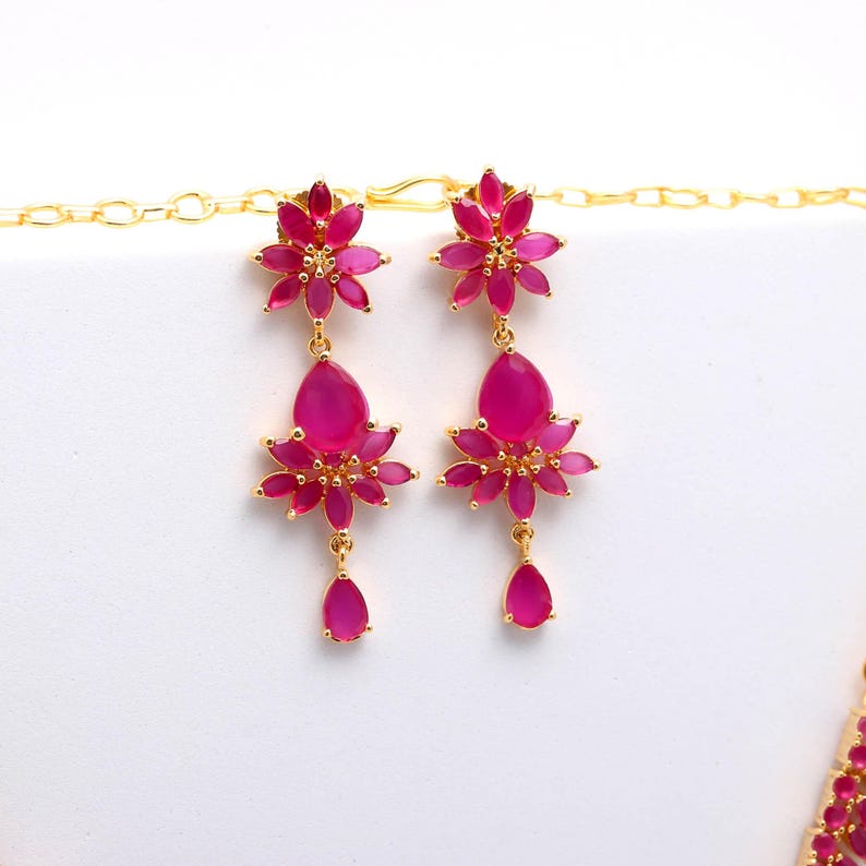 Ruby Color Stone Necklace Set in 22K Gold Plating | Classic Red Bridal ...
