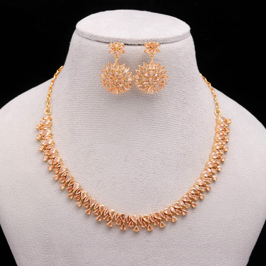 Gold Plated Necklace Set | Champagne LCT Stone Indian Jewelry - Etsy