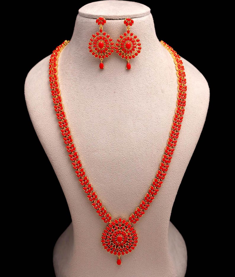 22K Gold Plated Long Necklace Set in Coral Color | Indian Bridal Haram ...