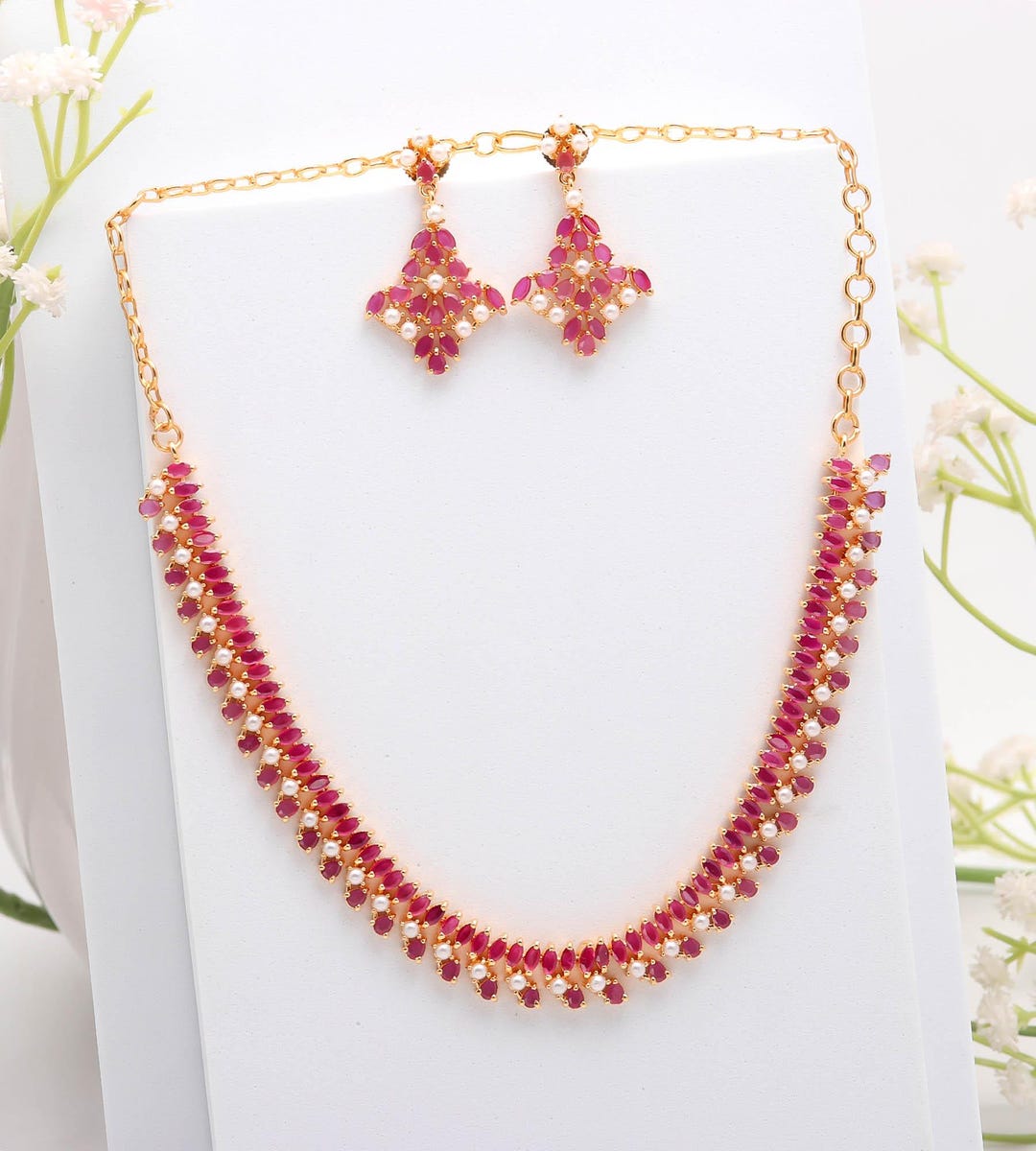 Ruby Pearl Necklace Set | 22K Gold Plated Indian Bridal Jewelry - Etsy