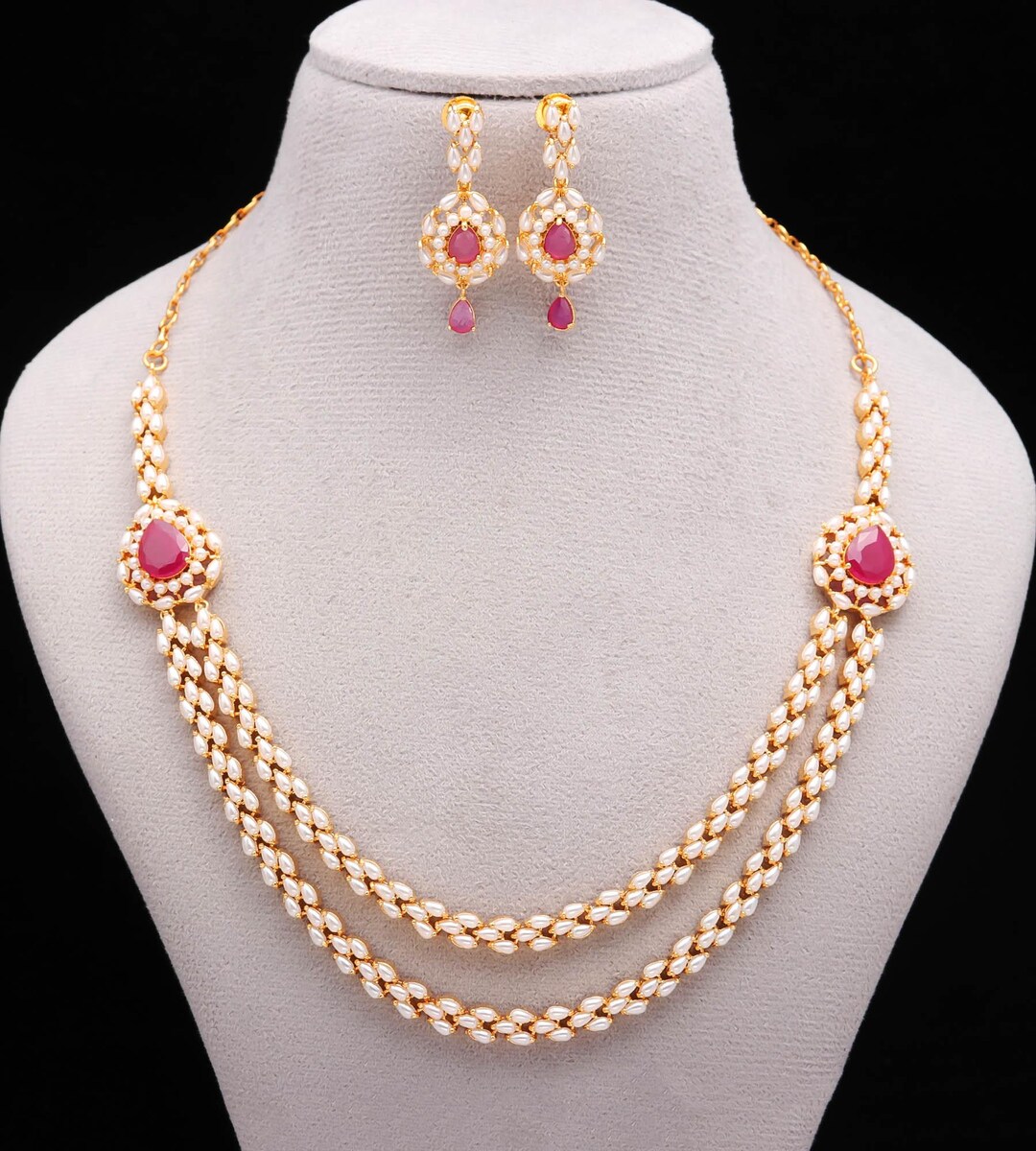 Pearl & Ruby Necklace Set, 22K Gold Plated | Handcrafted Layer Jewelry ...