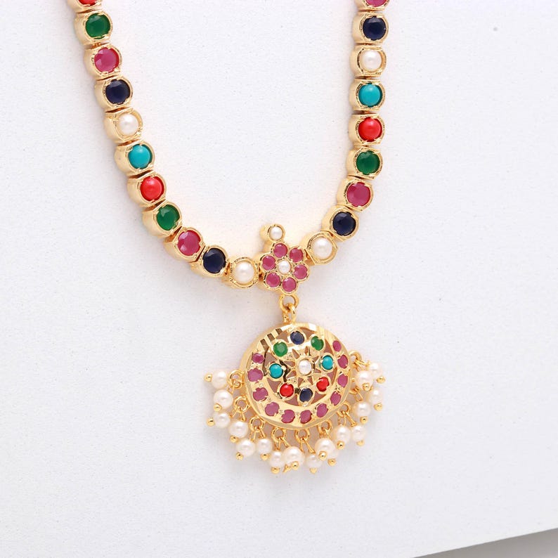 Navratna Long Addigai Necklace Set: 22K Gold Plated - Etsy