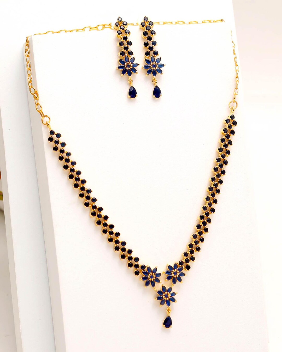 Handcrafted Blue Sapphire Color Necklace Set | 22K Gold Plated Indian ...