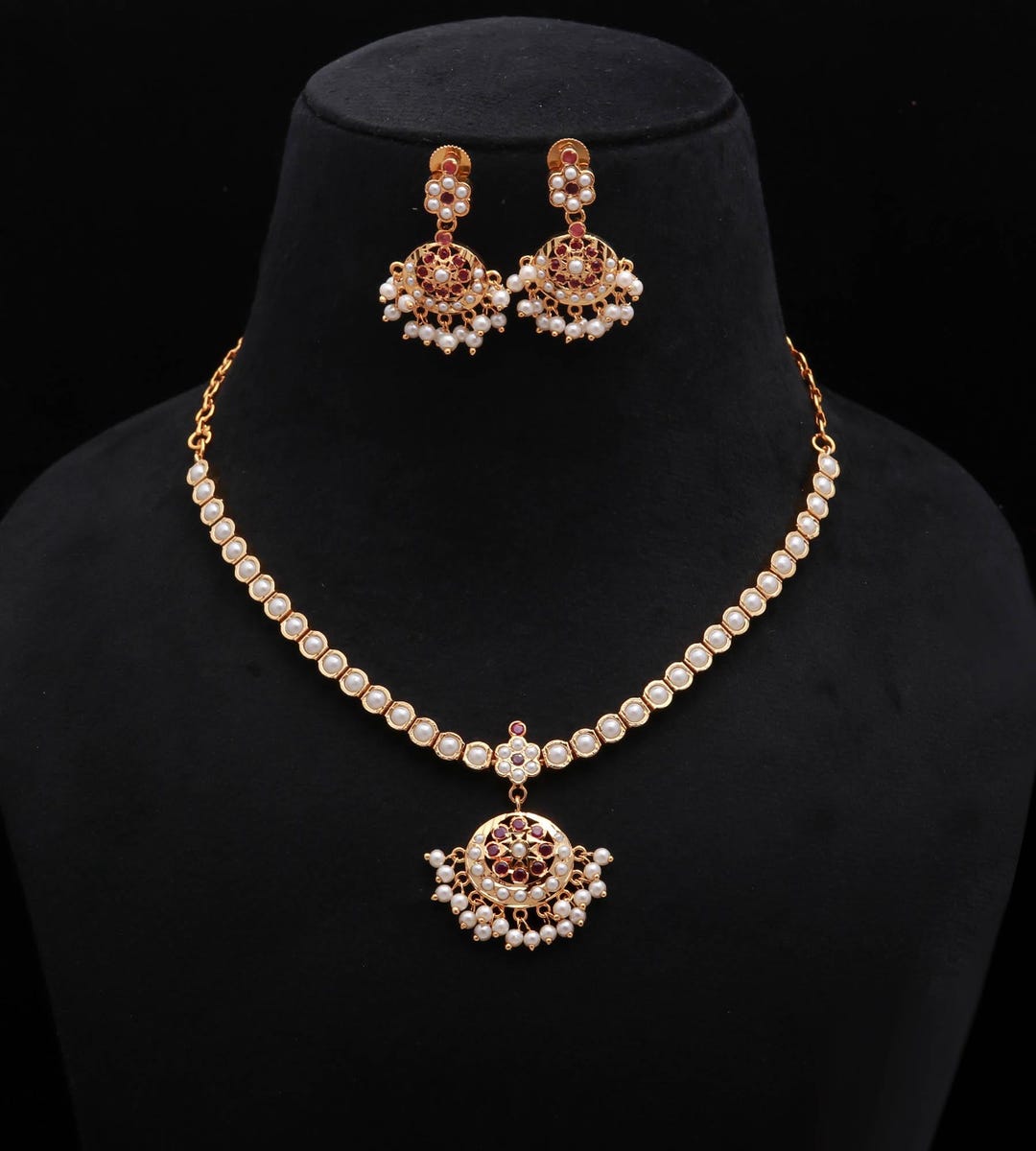 Pearl & Ruby Addigai Necklace Set: Gold Plated Choker With Hanging ...