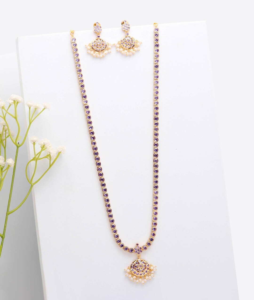 Amethyst Long Addigai Necklace Set: 22K Gold Plated - Etsy