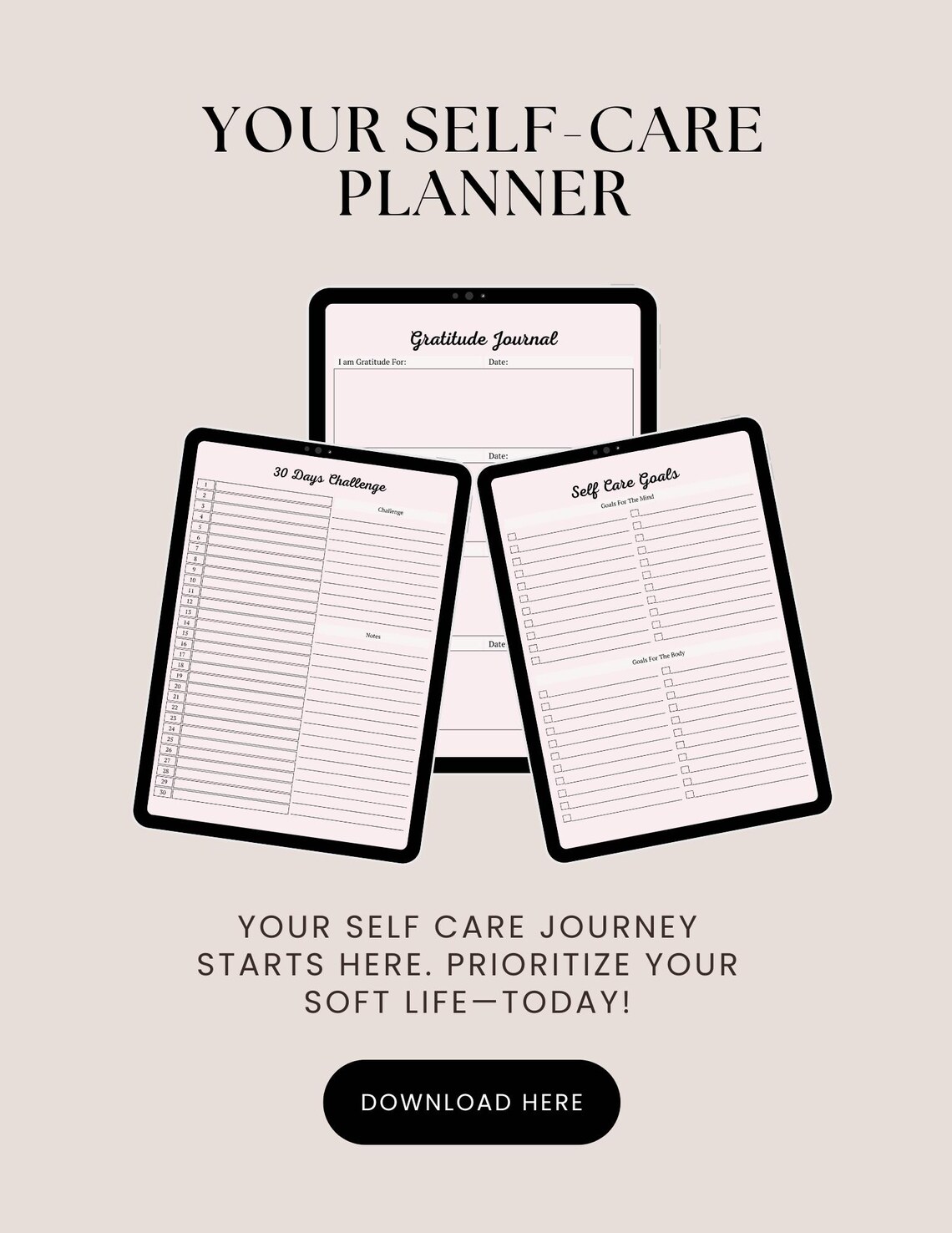 Self-care Digital Planner | Printable A4 Wellness + Mood Tracker | Soft ...