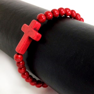 Red Cross Bracelet Beaded Stretch Christian Religious Stackable Men ...
