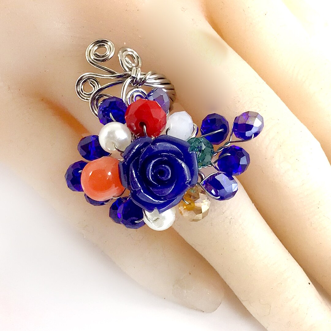 Rose Ring Handmade Spring Blossome Flower Navy Blue Coral Ring Faceted ...