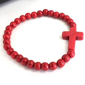 Red Cross Bracelet Beaded Stretch Christian Religious Stackable Men ...