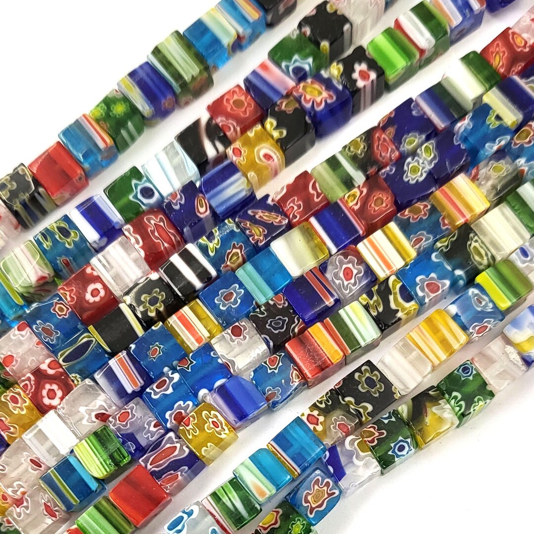 Millefiori Murano Floral Cube Bead Lampwork Flower Glass Bead Dice Bead ...