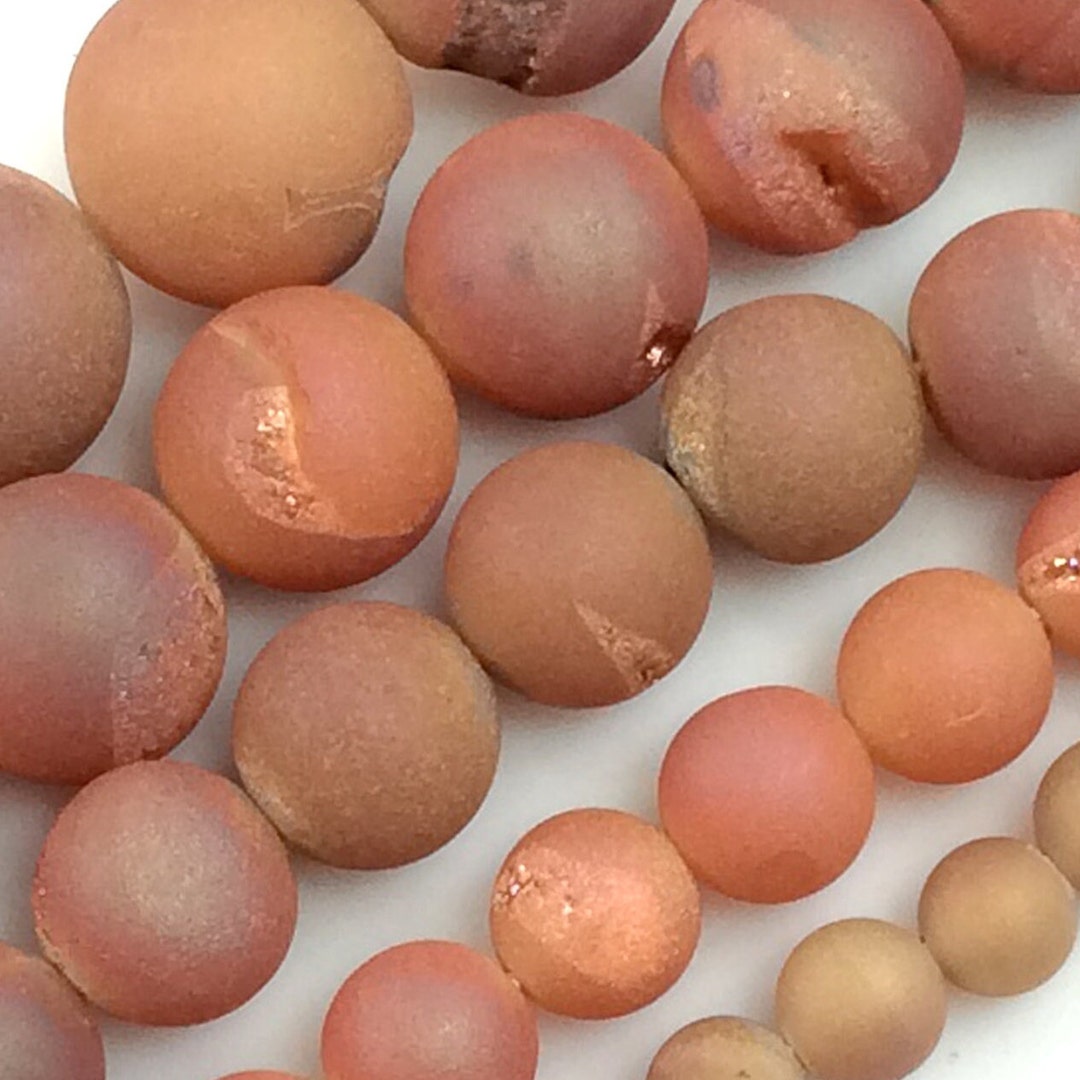 Metallic Titanium Coated Peach Natural Druzy Quartz Matte Agate Round ...