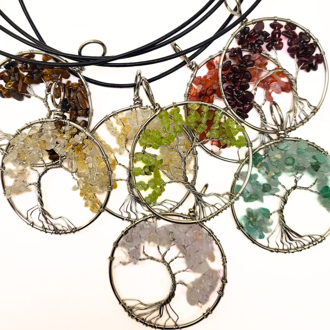 Tree of Life Pendant Natural Gemstone Chips Pendant Necklace, Chakra ...