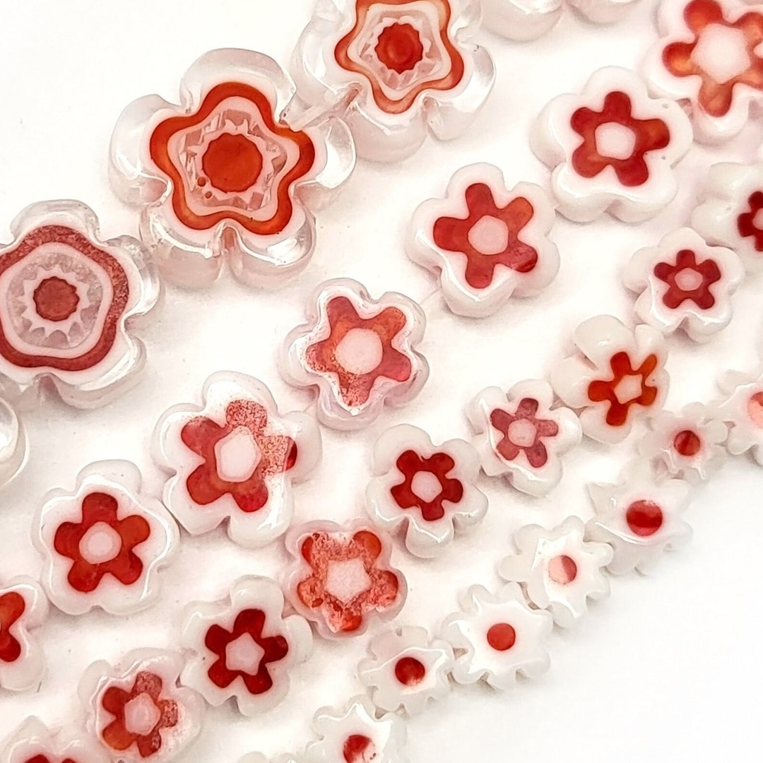 White Red Millefiori Murano Flower Glass Flower Lampwork Bead Grade AA ...