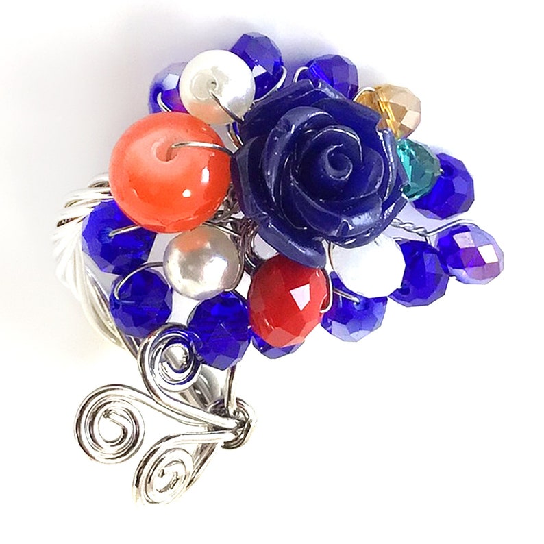 Rose Ring Handmade Spring Blossome Flower Navy Blue Coral Ring Faceted ...