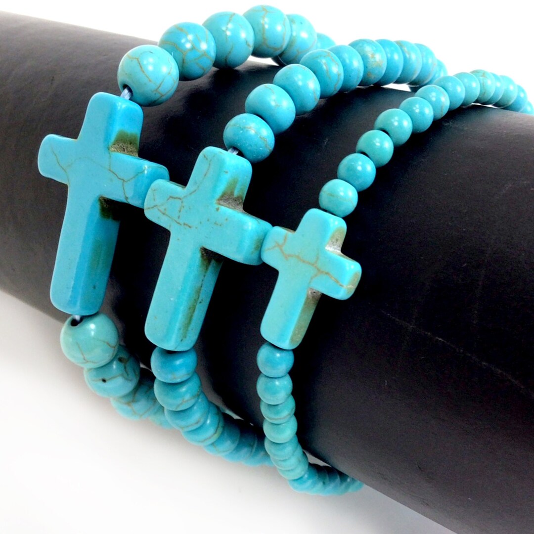 Blue Turquoise Cross Bracelet Stretch Christian Religious Stackable ...