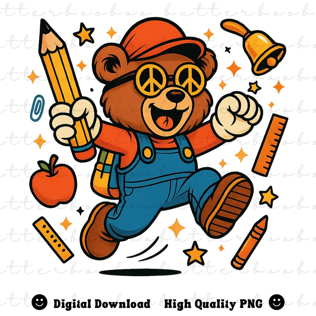 Back to School Bear PNG, Retro Teddy Bear With Pencil Clipart, Peace ...