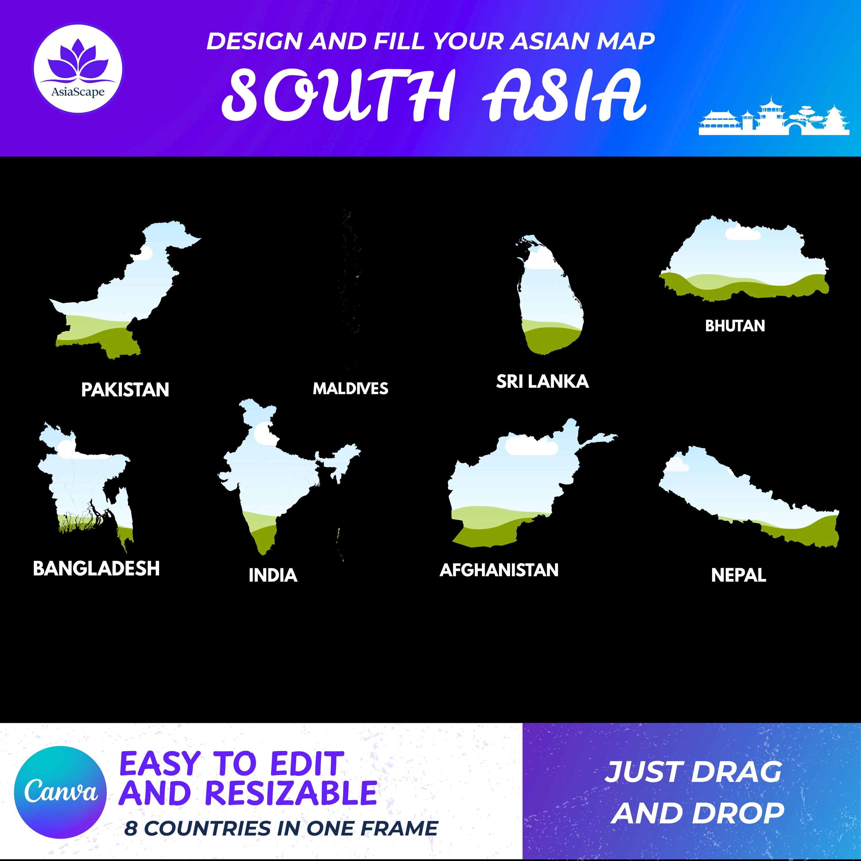 South Asia Map Canva Frame Template | Editable India Pakistan ...