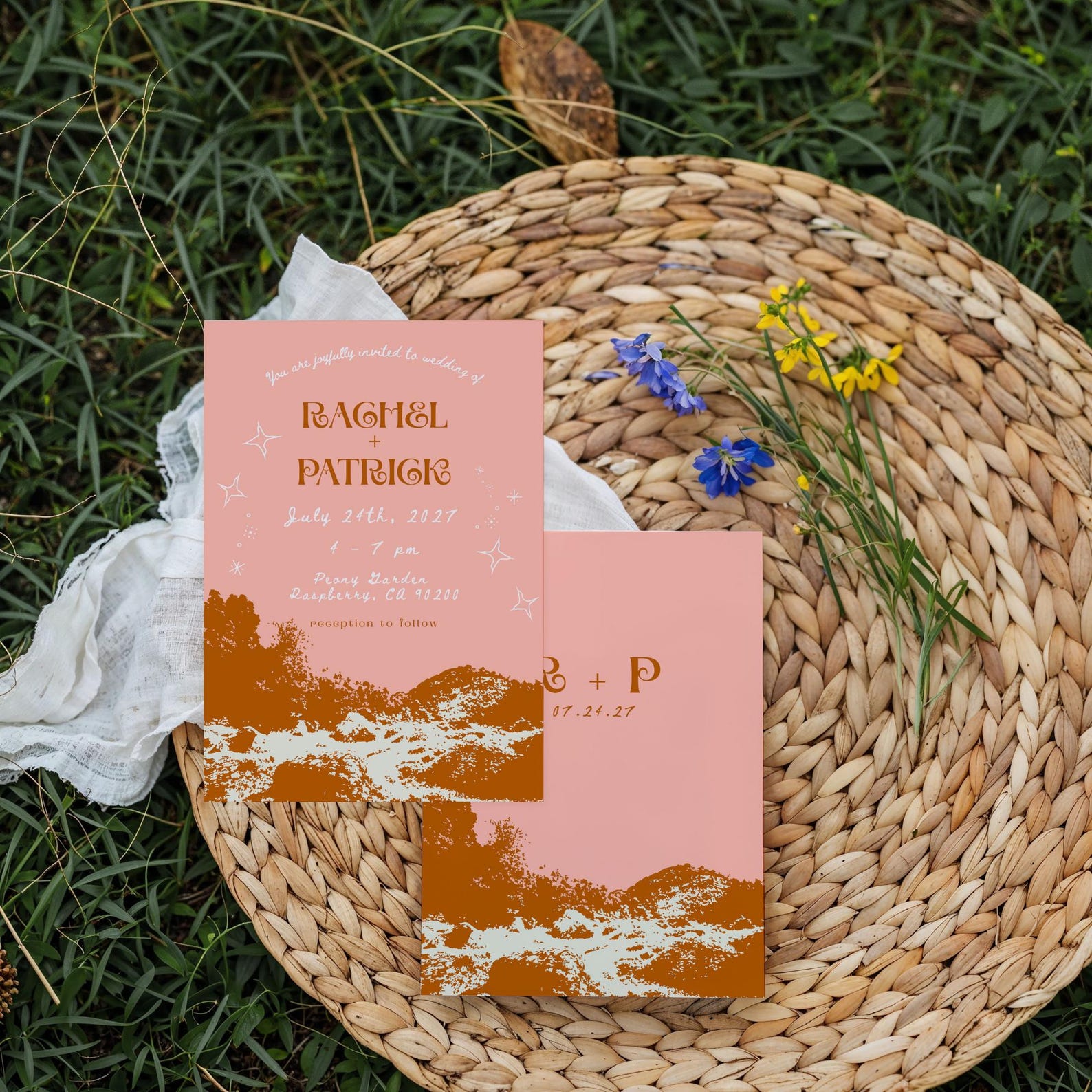 Boho Western Garden Wedding Invitation Suite Coral Pink Mountain Canva ...