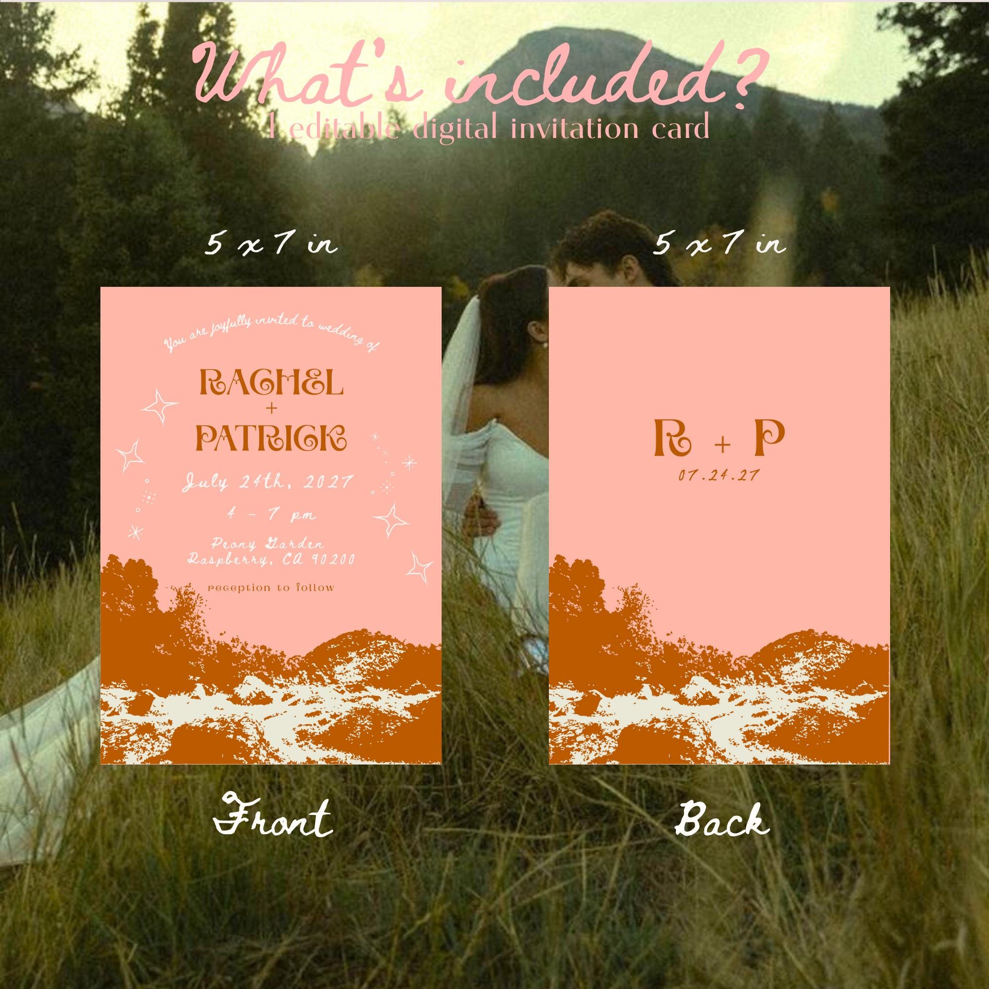 Boho Western Garden Wedding Invitation Suite Coral Pink Mountain Canva ...