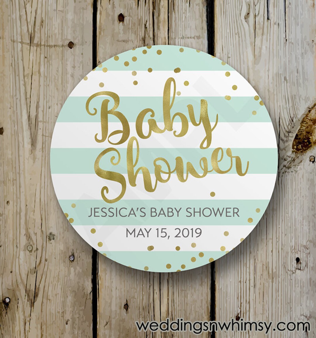 Green Baby Shower Sticker - Custom Baby Shower Label, Personalized Mint ...