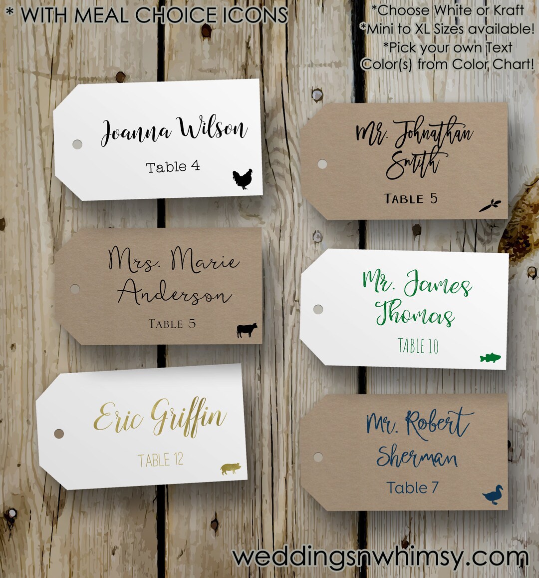 Personalized Place Card Tags + Meal Choice, Printed Custom Seating Hang ...