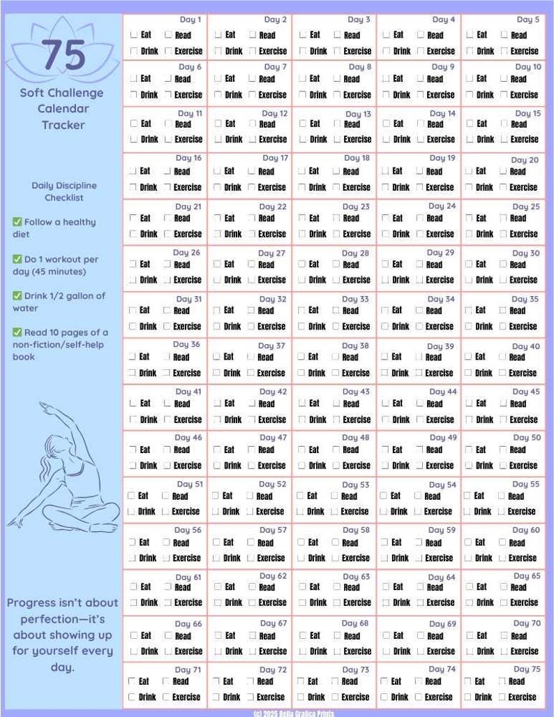 Soft 75 Challenge Tracker | Printable Pastel Habit Planner | Wellness ...