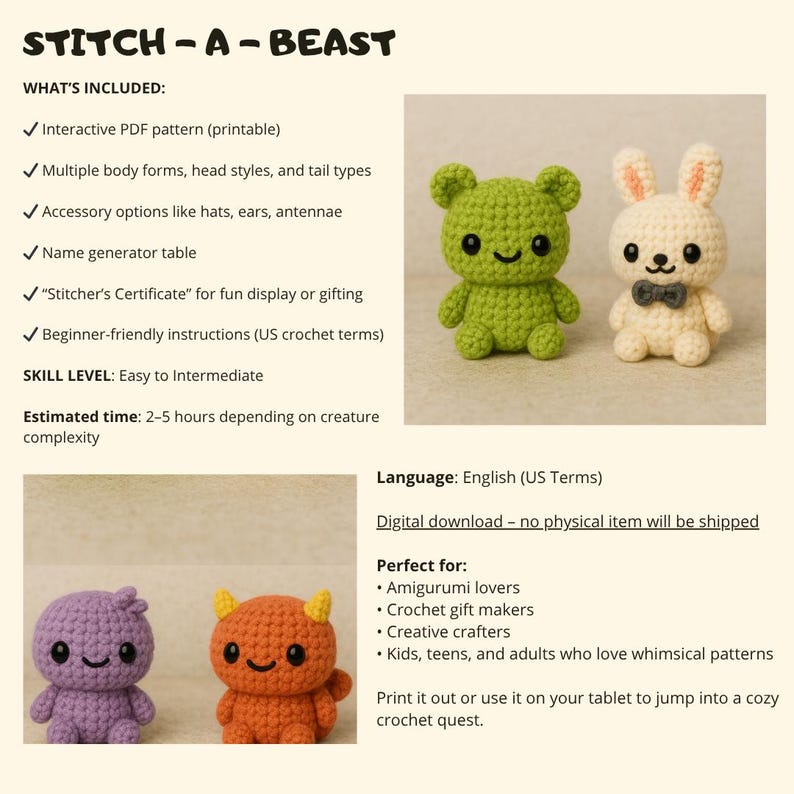 Stitch-a-beast Crochet Pattern PDF – Interactive Amigurumi Creature ...