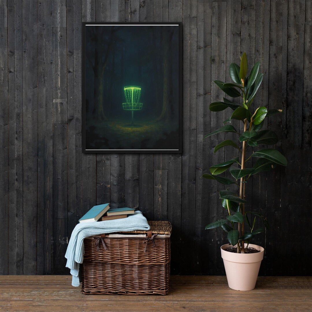 Glowing Disc Golf Basket Framed Canvas Print | Mystical Forest Art - Etsy