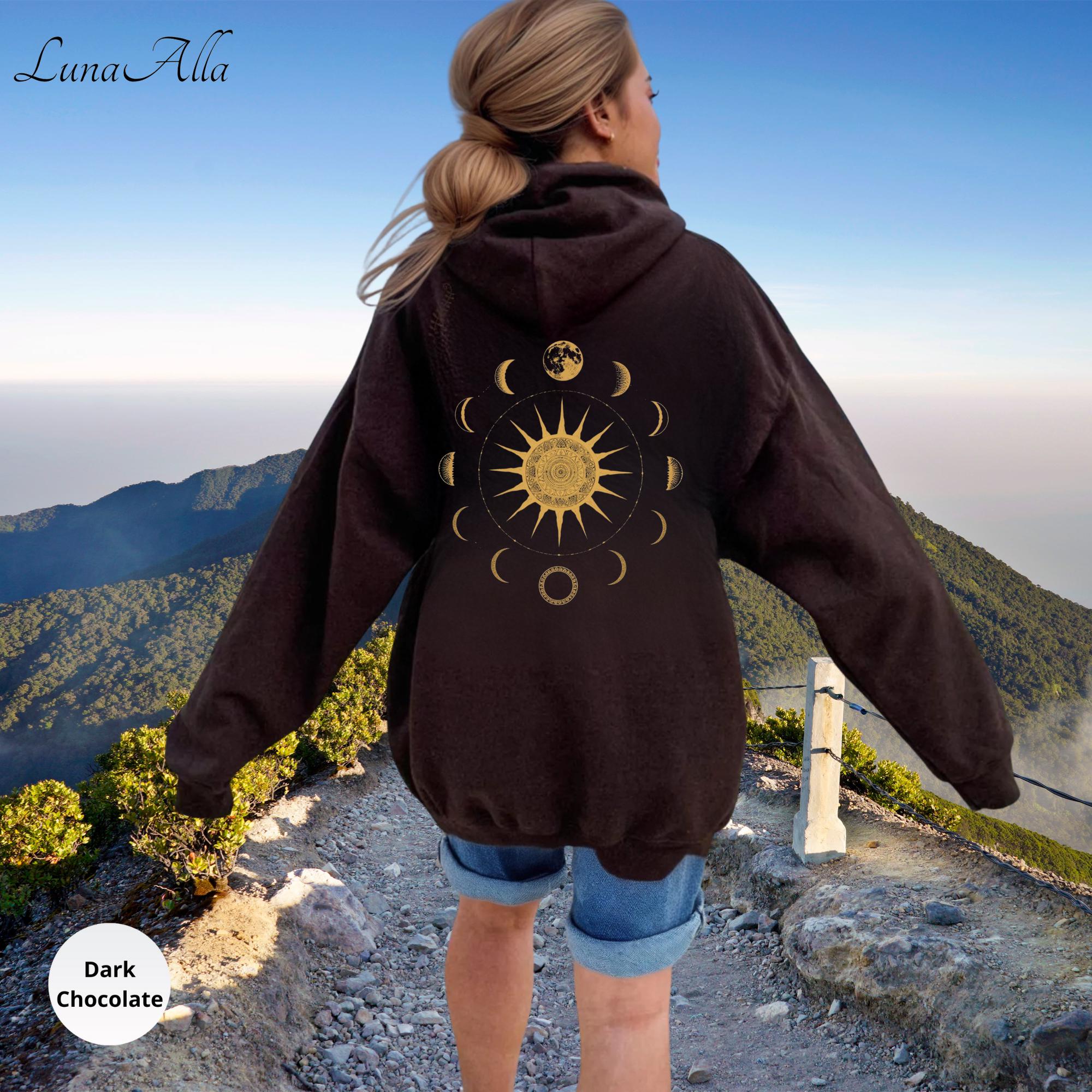 Mystical Sun and Moon Hoodie – Golden Celestial Phases Sweatshirt, Boho ...