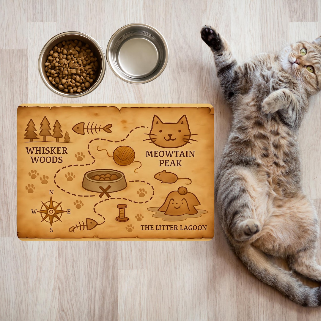 Cat Food Mat, Treasure Map Cat Bowl Placemat, Funny Cat Feeding Mat ...