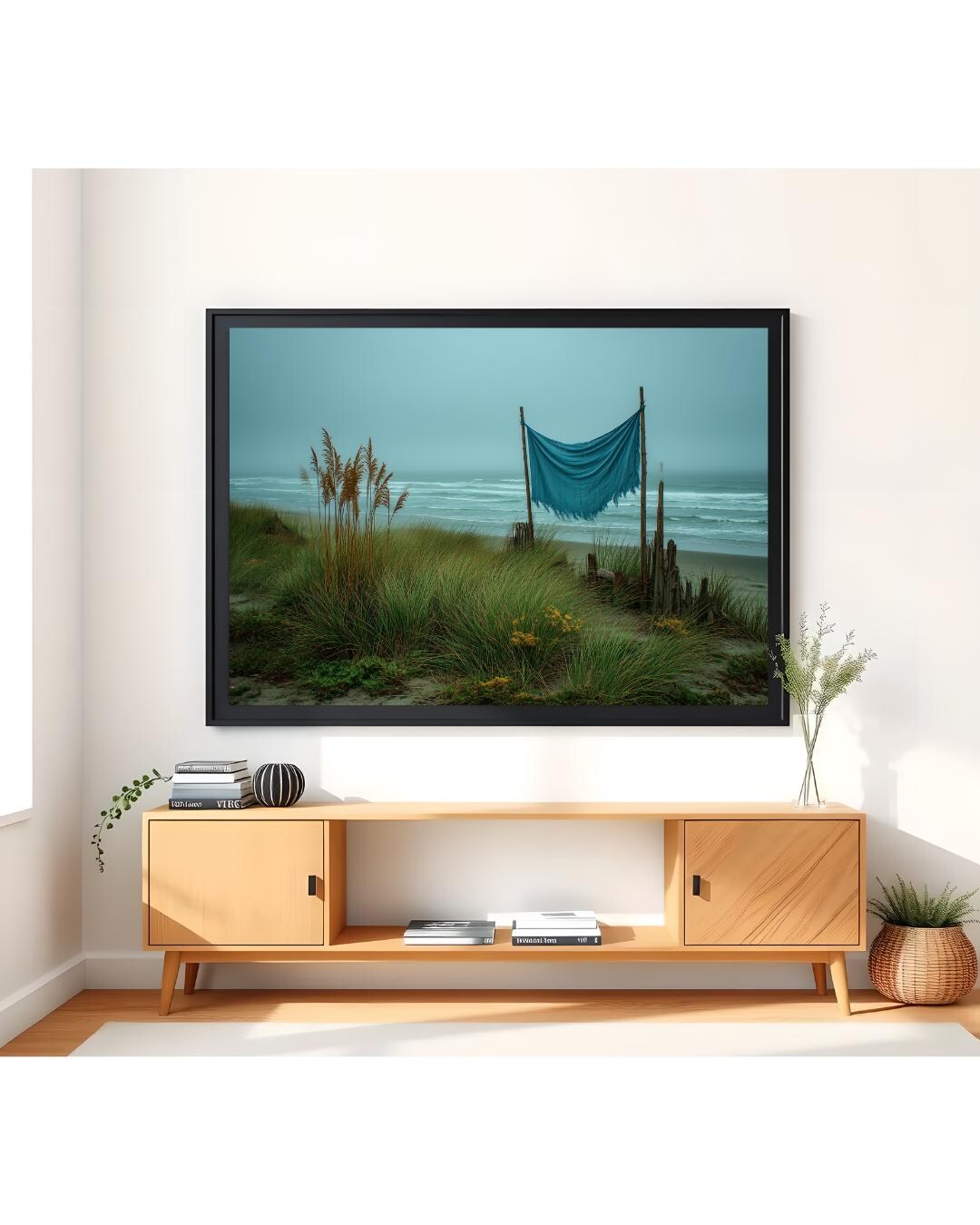 8K Coastal Beach Wall Art – Blue Tarp in Seaside Dune Grass With Misty ...